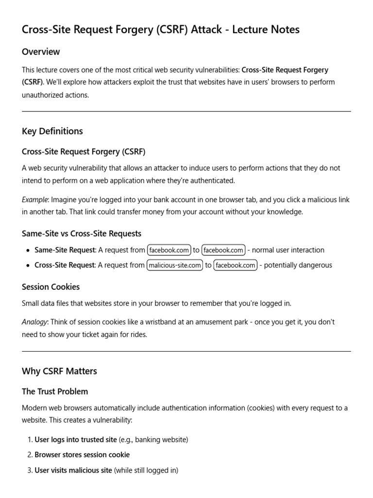 Cross-Site Request Forgery (CSRF) Attack - Lecture 2 Notes | PDF | Http ...