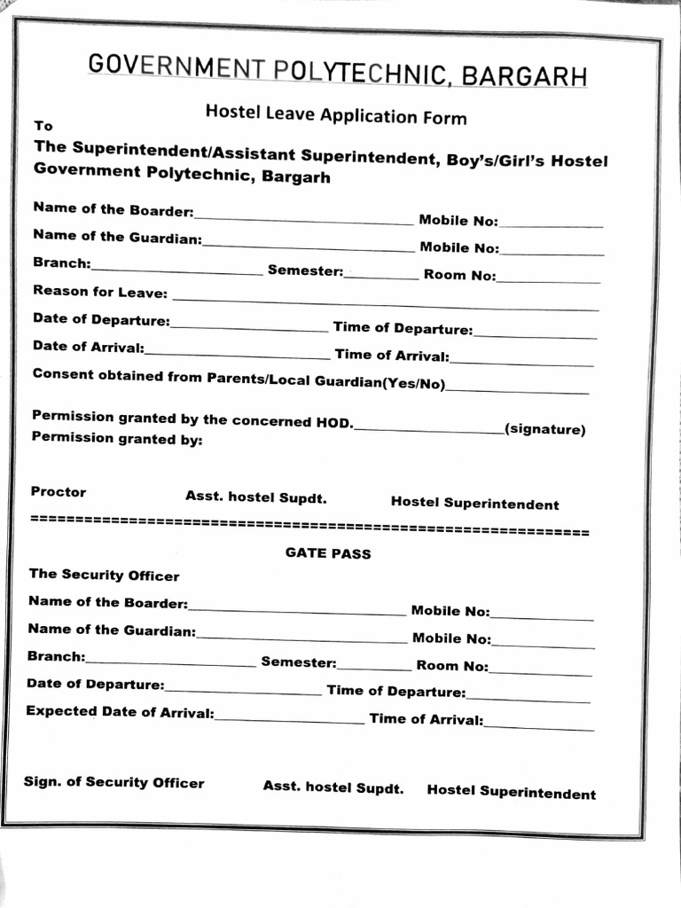Hostel Leave Application Form Template | PDF
