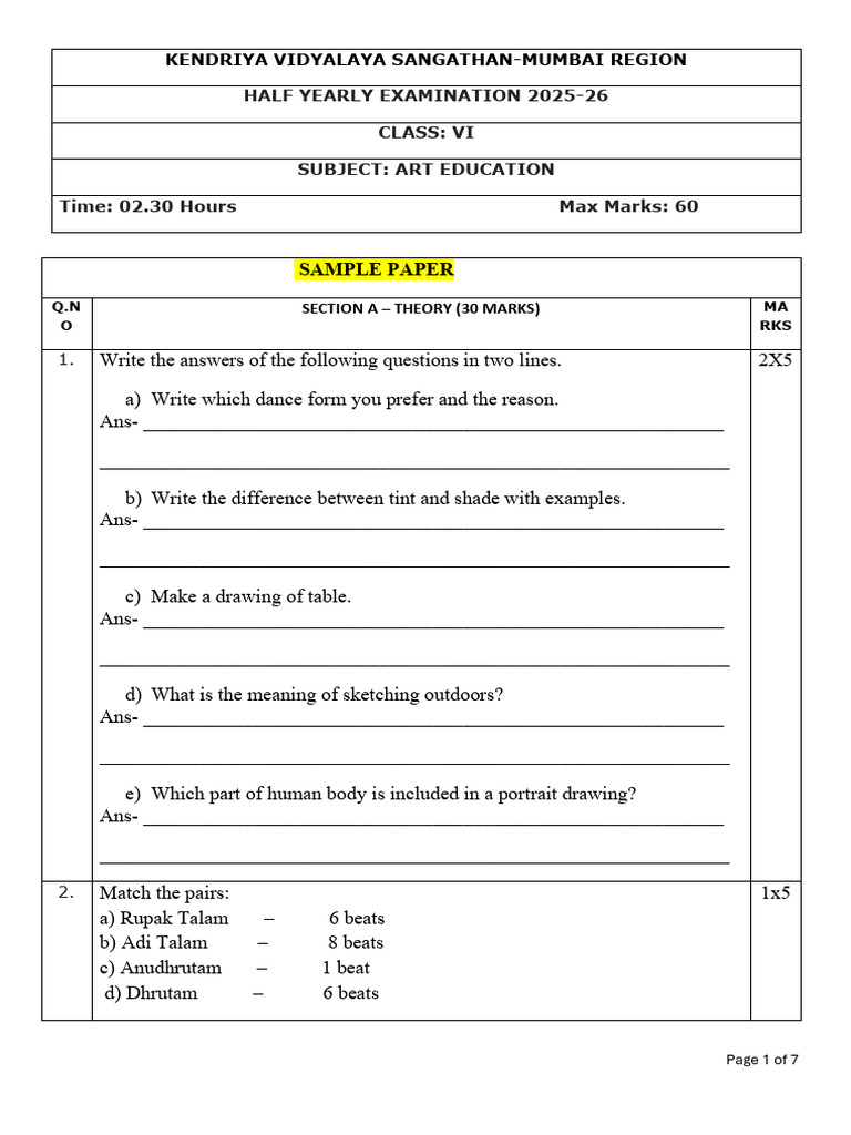 Class VI Art Education Sample Paper | PDF | Artistic Techniques | Vision