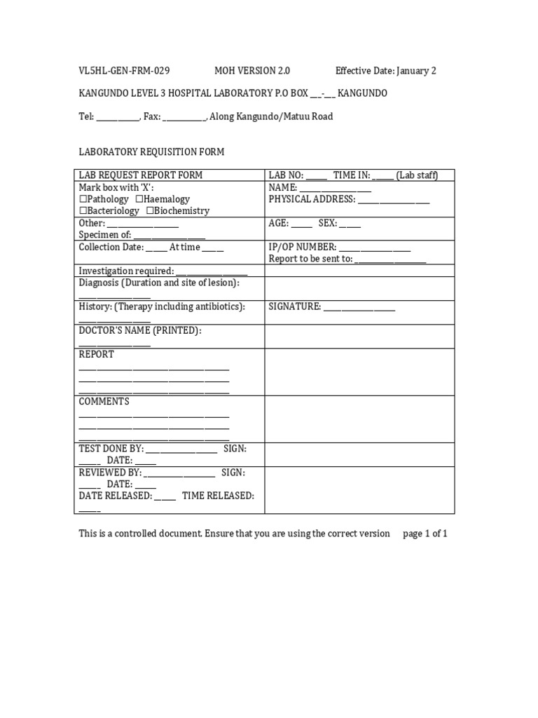 Kangundo Level 3 Hospital Lab Requisition Form | PDF