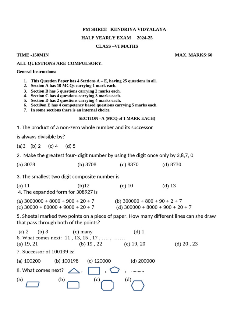 Class 6 Half Yearly Maths 2024-25 | PDF