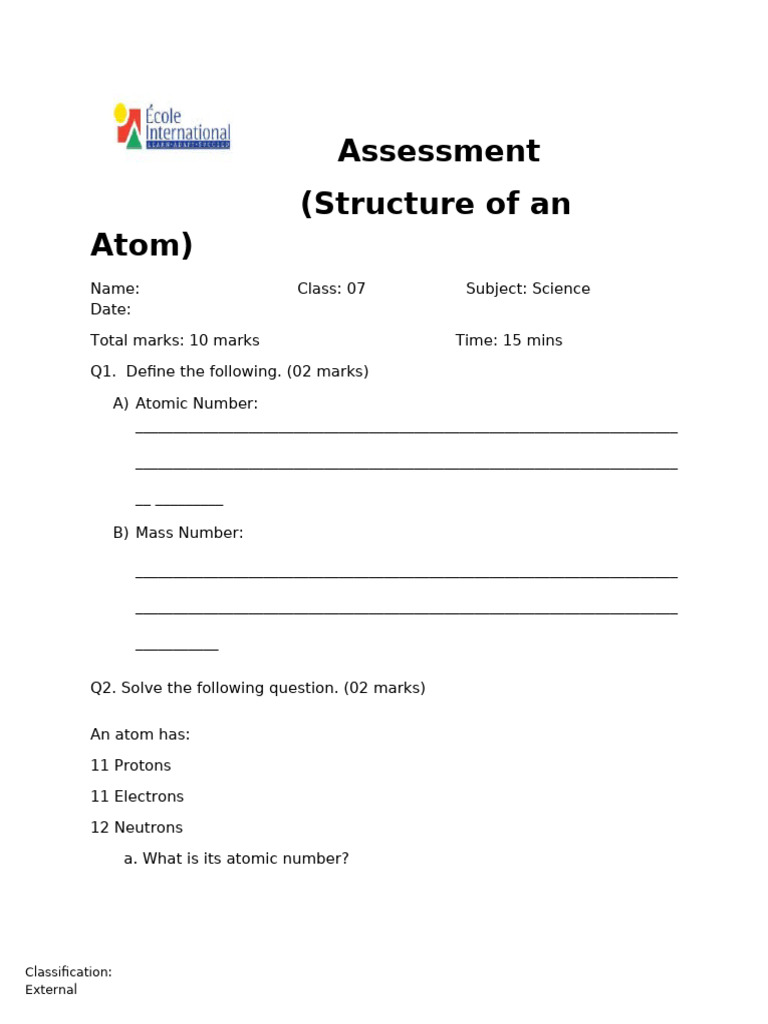 Assessment Class 7 Structure of An Atom | PDF | Atoms | Proton