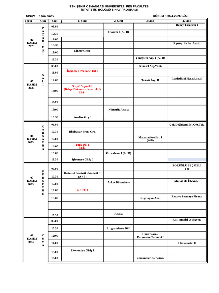 2024 2025 Güz Dönemi̇ İstati̇sti̇k Bölümü Ara Sinav Programi 1 | PDF