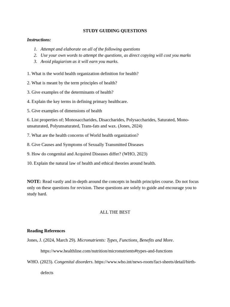 Study Guiding Questions Health Principles | PDF
