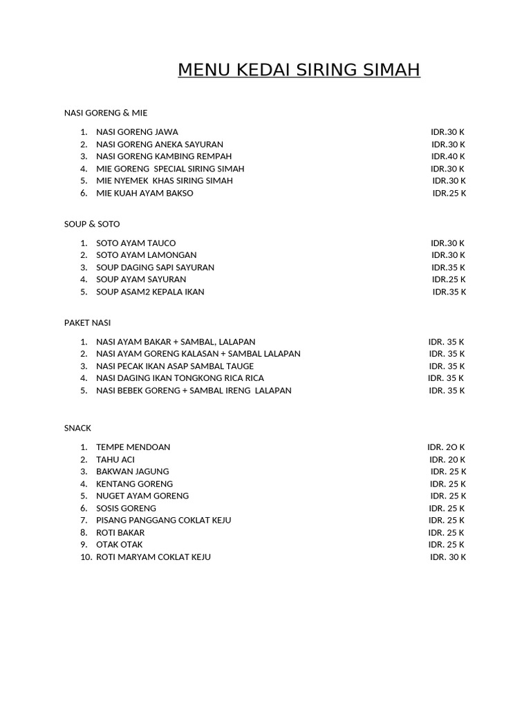 Menu Kedai Siring Simah: Nasi & Mie | PDF | Chess Openings | Chess