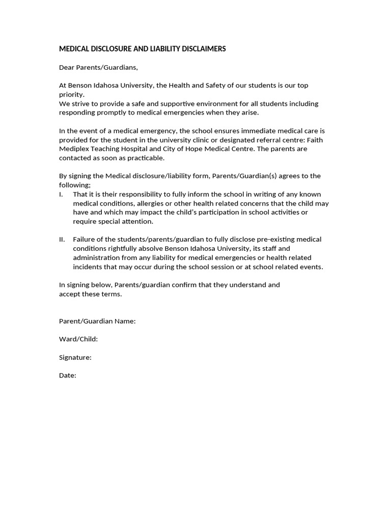 Biu Clinic Medical Disclosure and Liability Disclaimers | PDF