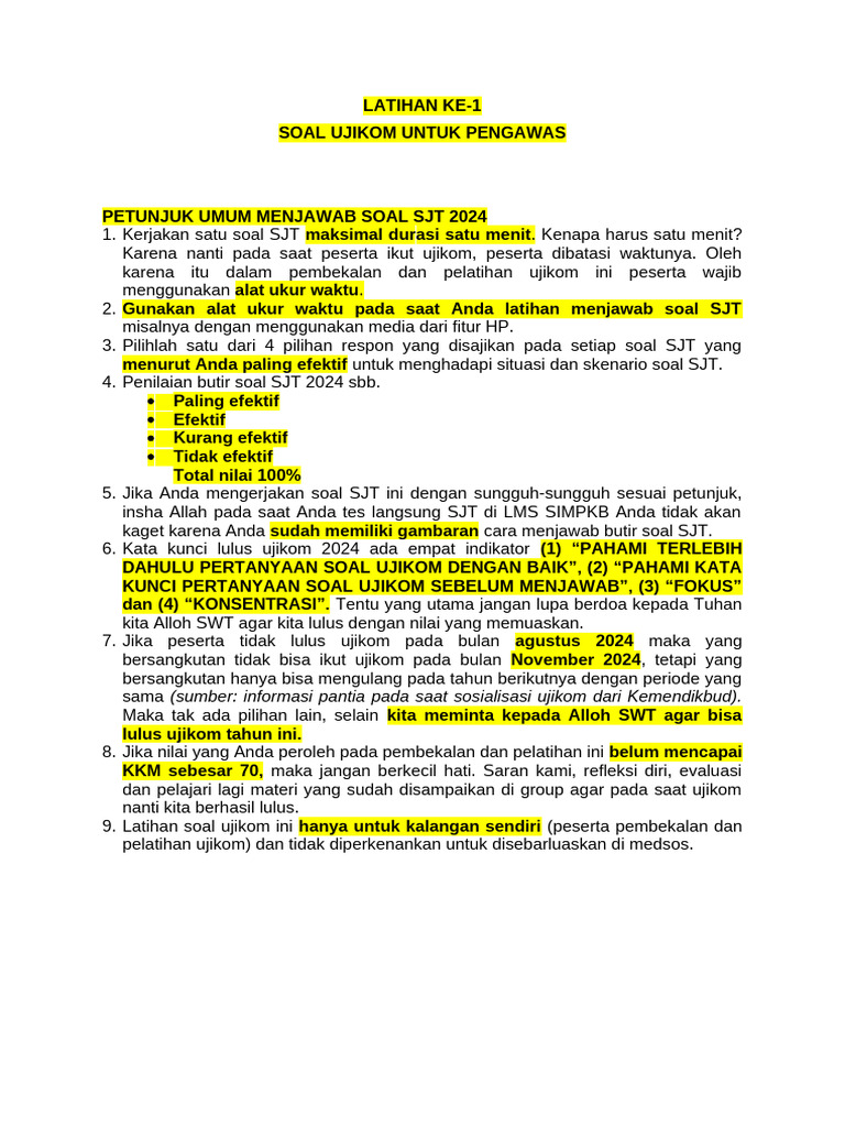 Panduan Latihan Soal SJT Ujikom 2024 | PDF
