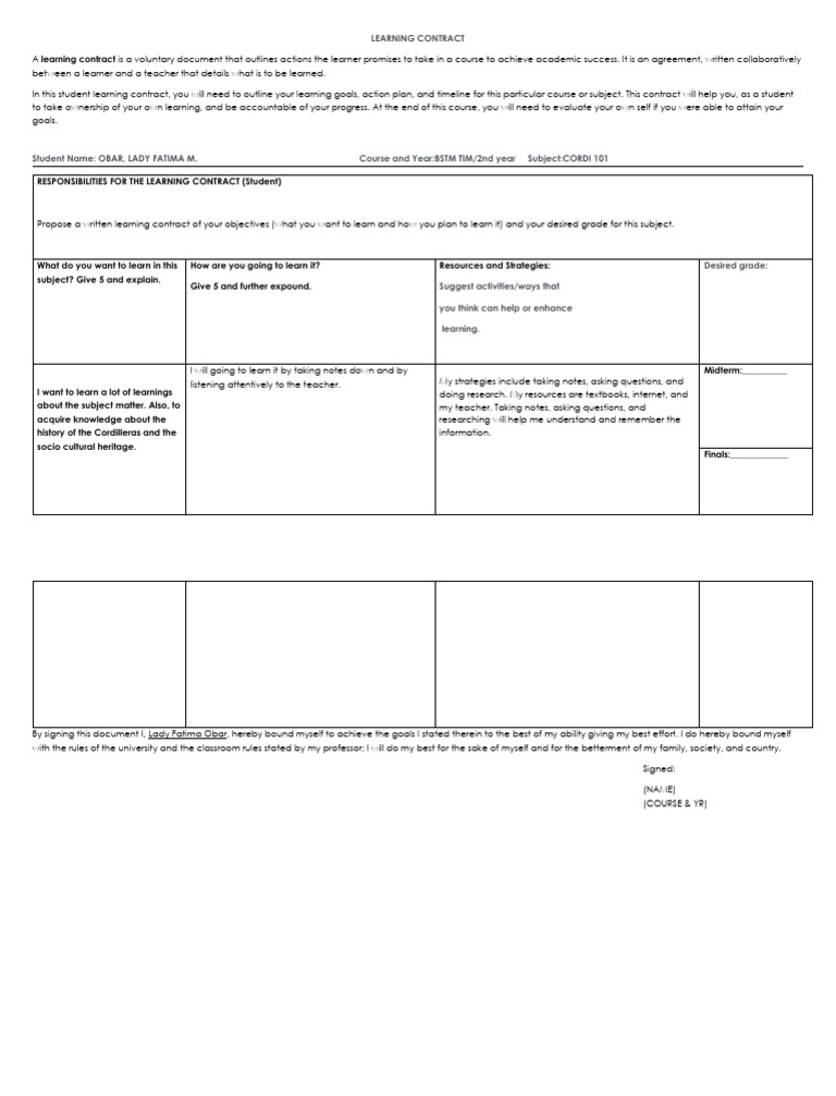 Student Learning Contract Template | PDF | Learning | Teachers
