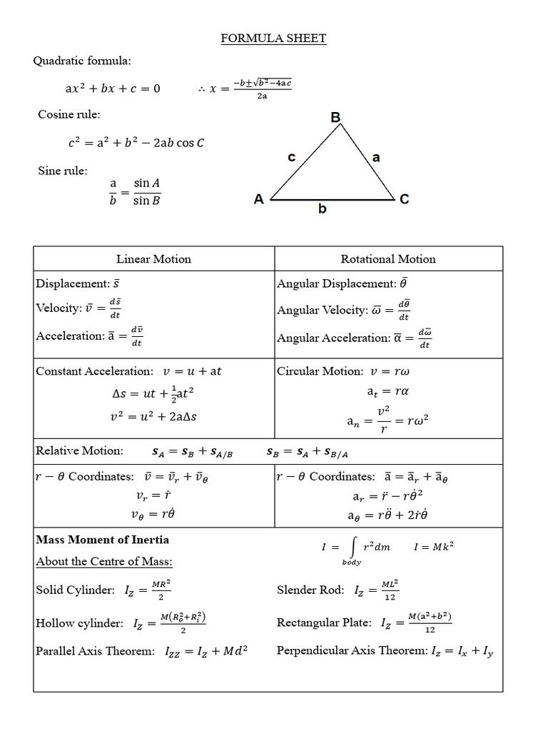 fORMULA SHEET | PDF | Rotation Around A Fixed Axis | Physical Phenomena