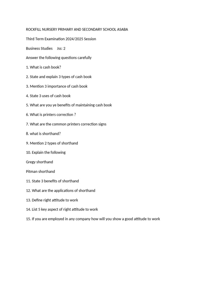 Business Studies Exam: Cash Book & Shorthand | PDF