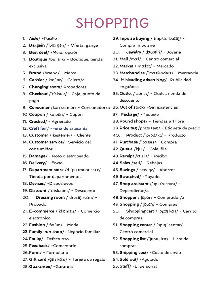 Vocabulario de Compras en Inglés B2 | PDF | Desarrollos comerciales ...