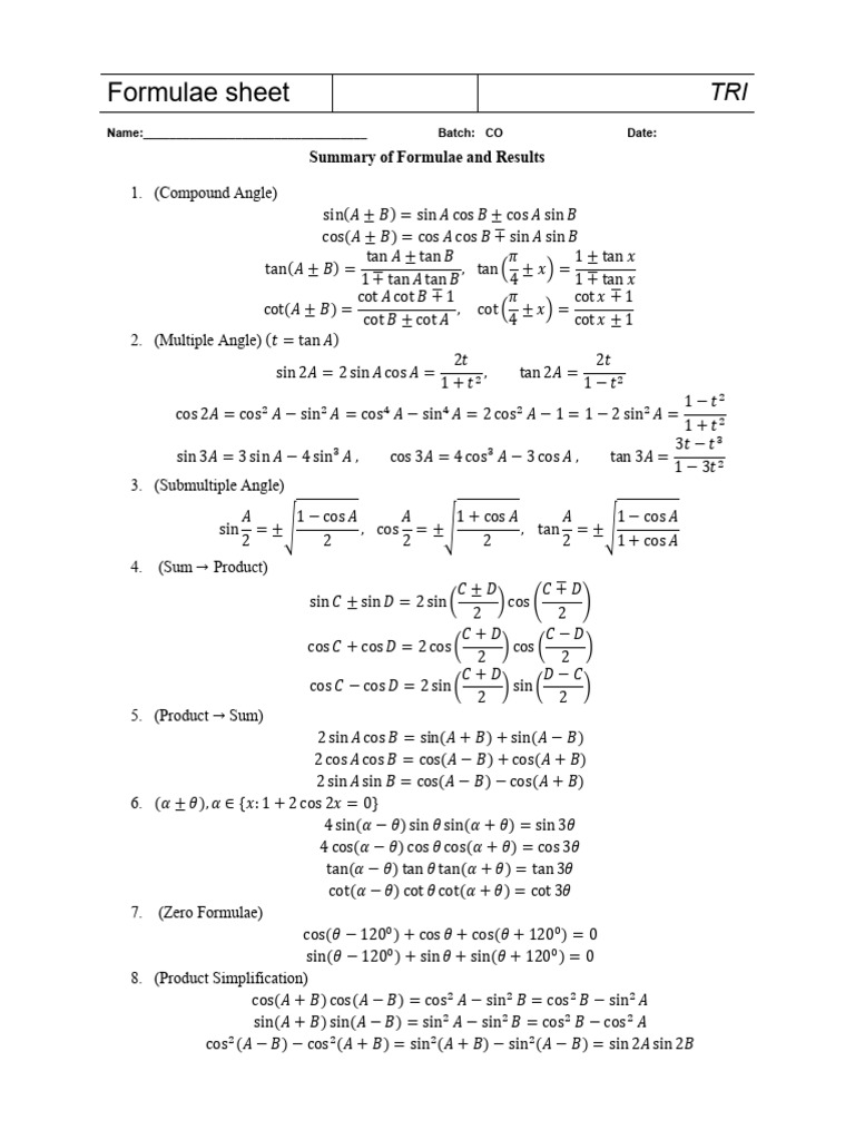 TRI Master Formulae Sheet | PDF
