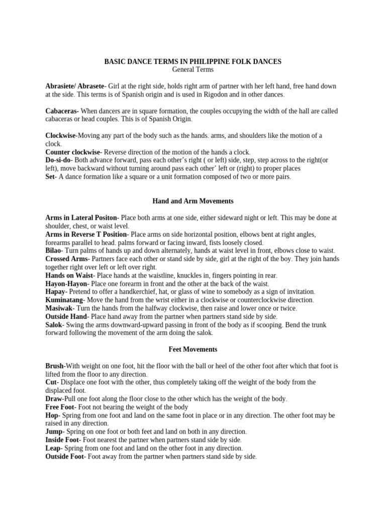 Dance Terms in Philippine Folk Dance | PDF | Foot | Hand