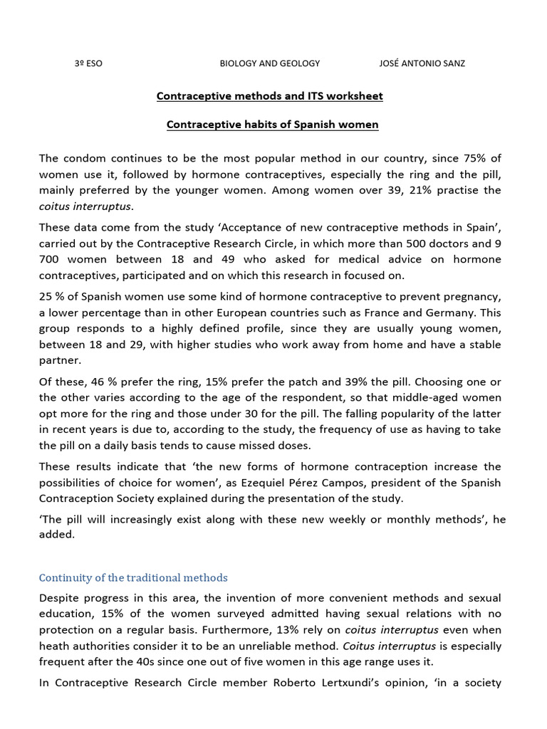Contraceptive Methods and ITS Worksheet | PDF | Sexually Transmitted ...