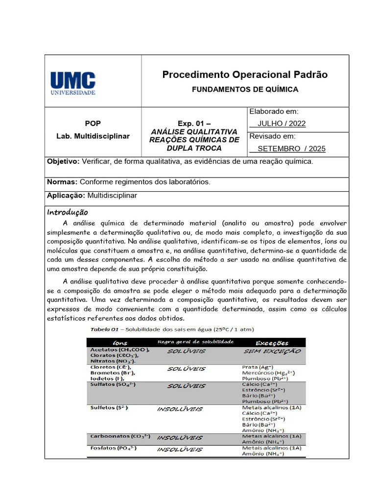 Procedimento Experimental - Expto 01 - Fund Quim Inorg 2025 2 | PDF ...