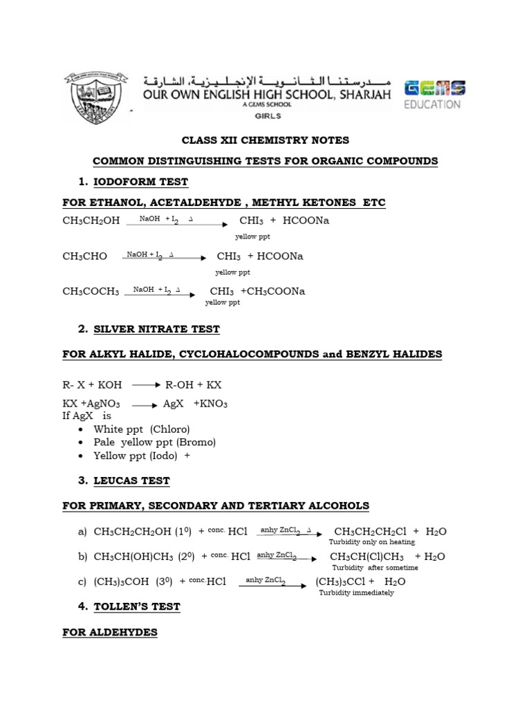 Class Xii Chemistry Notes - Distinguishing Tests | PDF | Amine | Aldehyde