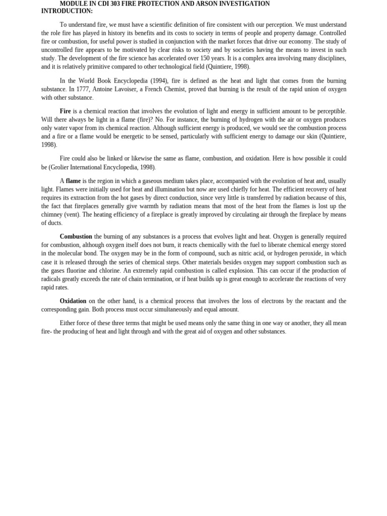 Module in Cdi 303 Fire Protection and Arson Investigation | PDF | Combustion | Fires