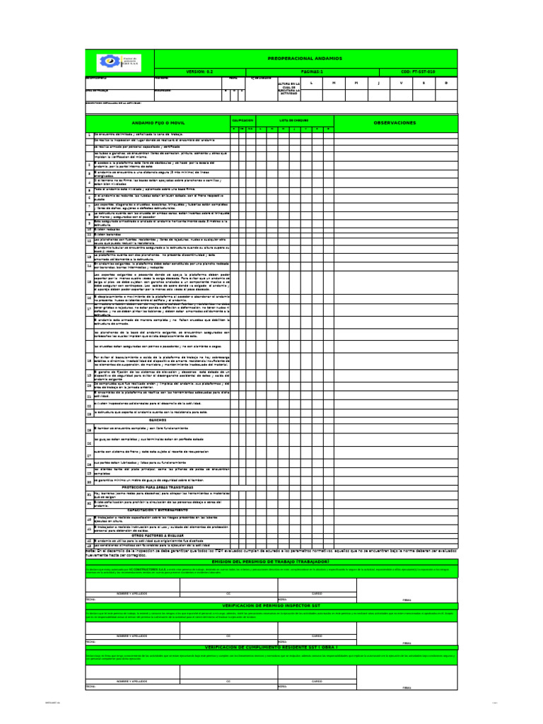 Inspección de Andamios: Checklist de Seguridad | PDF | Andamio | Bienes ...