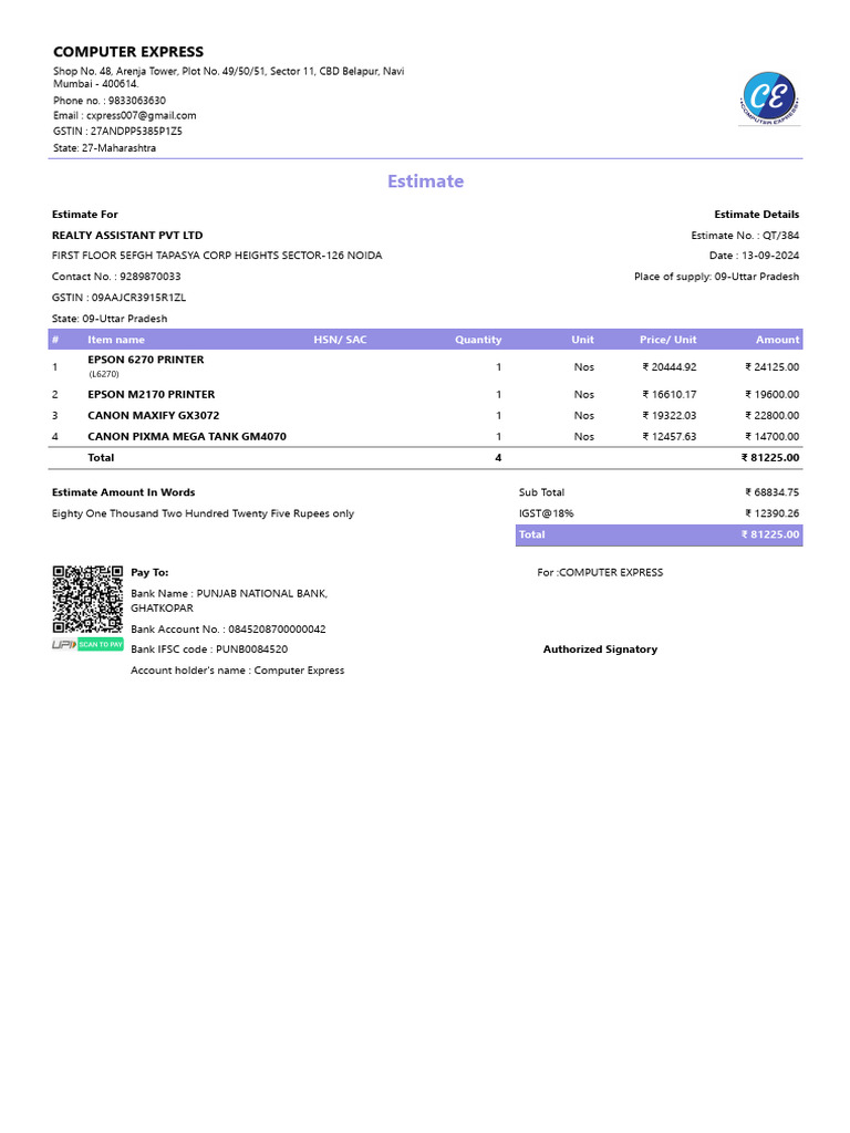 Printer Estimate QT 384 13-09-24 | PDF | Currency | Foreign Exchange Market