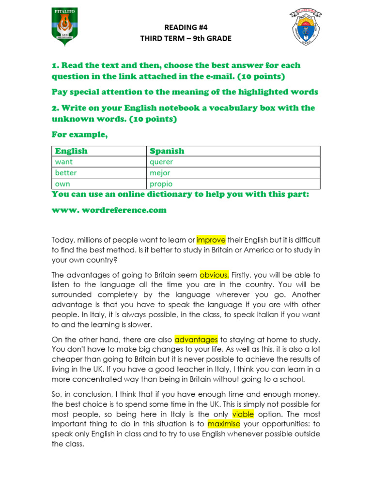 9th Grade - Reading 4 | PDF