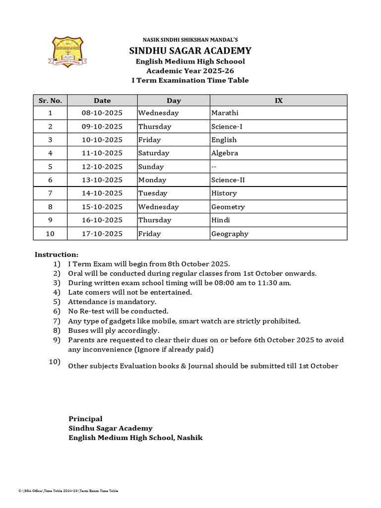 Std. 9th Term Exam Time Table 2025-26 | PDF