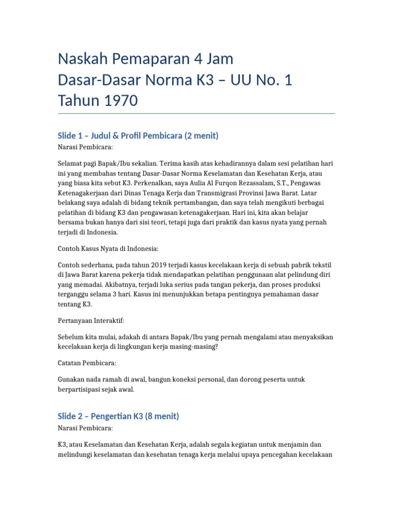 Naskah Pemaparan K3 4jam | PDF