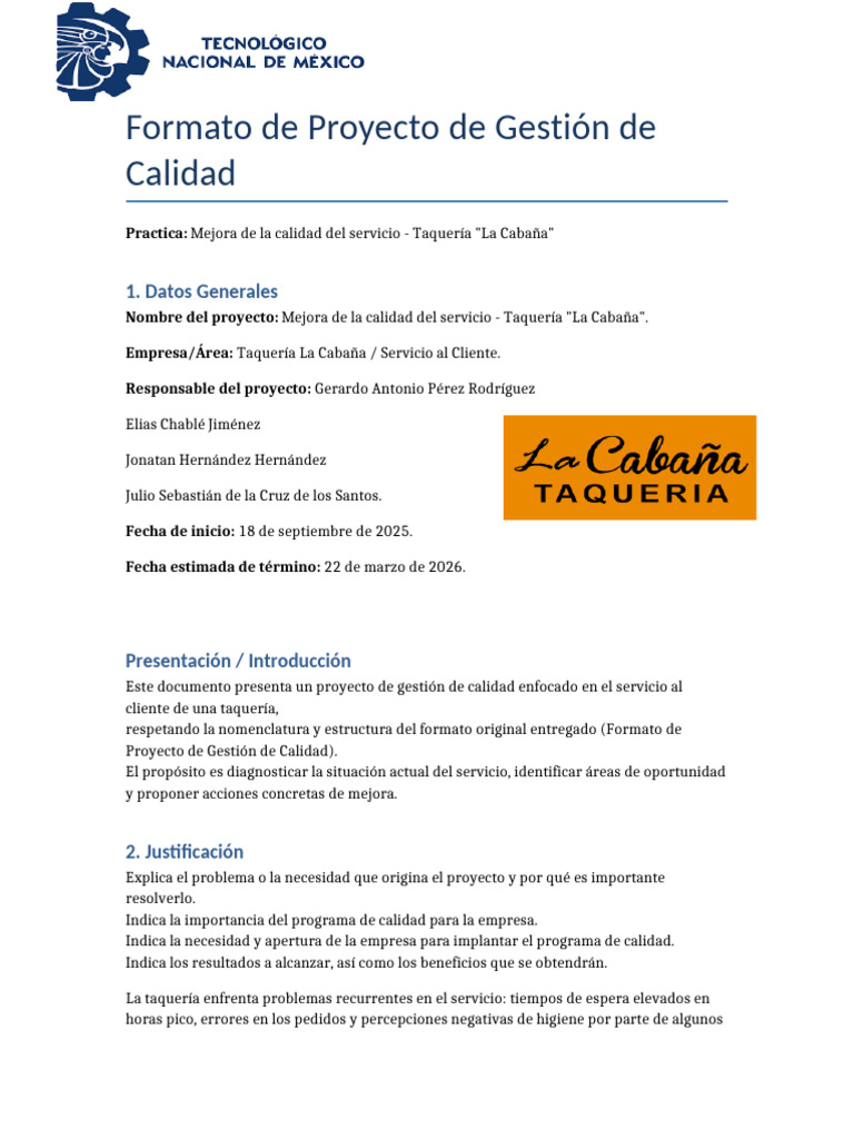 Reporte Calidad Taqueria FormatoPRACTICAU1 | PDF | Sistema de manejo de ...