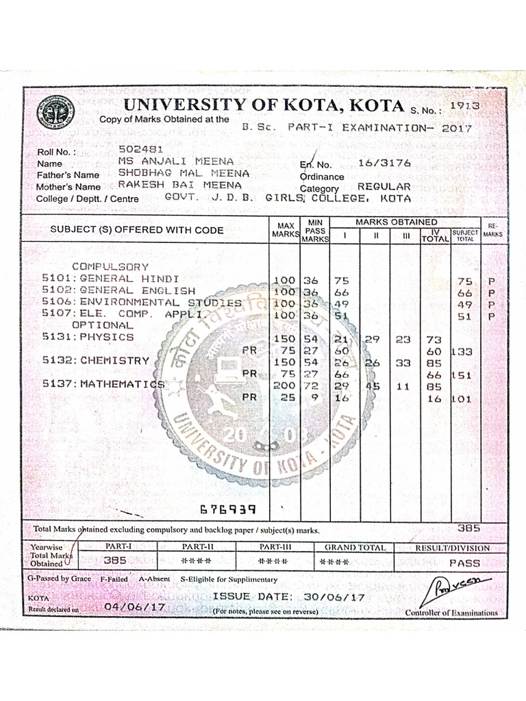Anjali Meena BSC Part 1 Marksheet | PDF