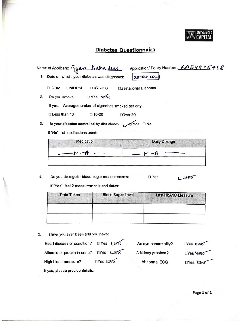 Diabetes Form | PDF