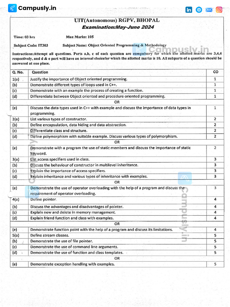 Object Oriented Programming and Methodology Back-Campusly PYQs | PDF