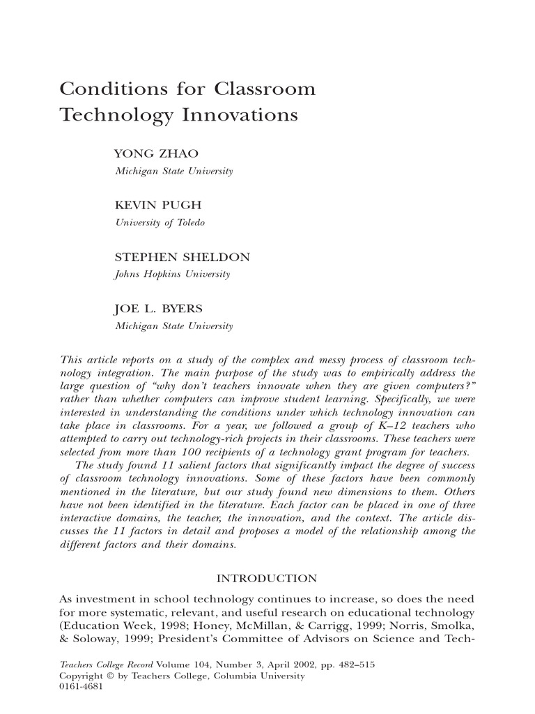 Conditions For Classroom Technology Innovations: Yong Zhao | PDF ...