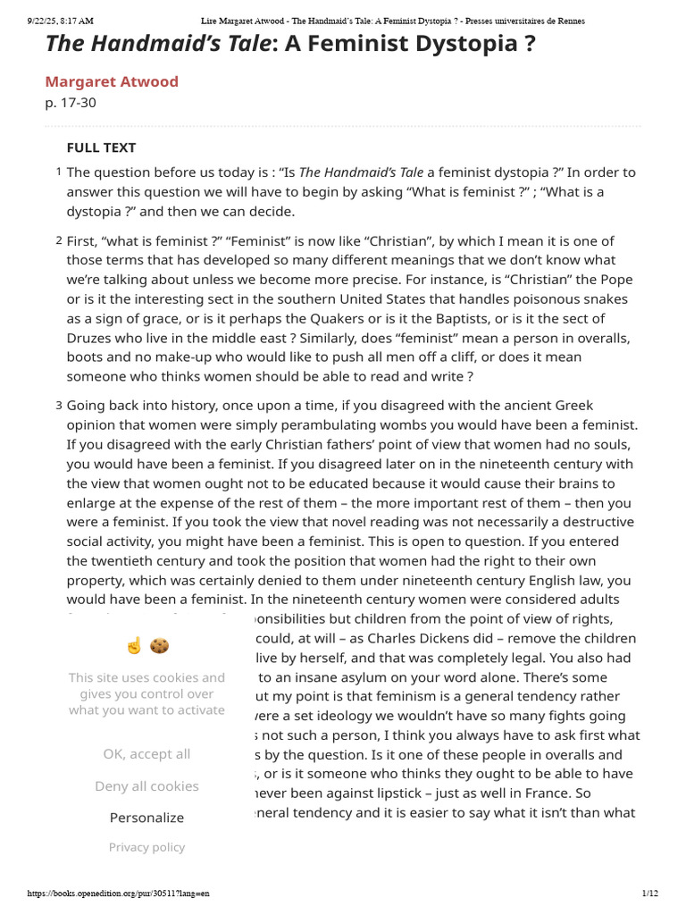 Lire Margaret Atwood - The Handmaid’s Tale_ a Feminist Dystopia ...