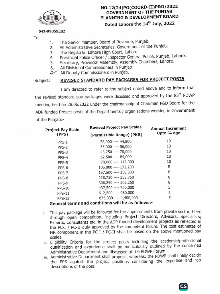 Revised Standard Pay Packages For Project Posts | PDF