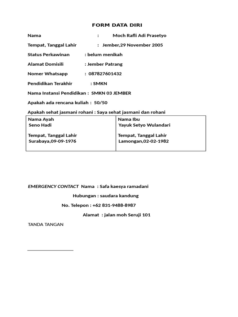 Form Data Diri, Done | PDF