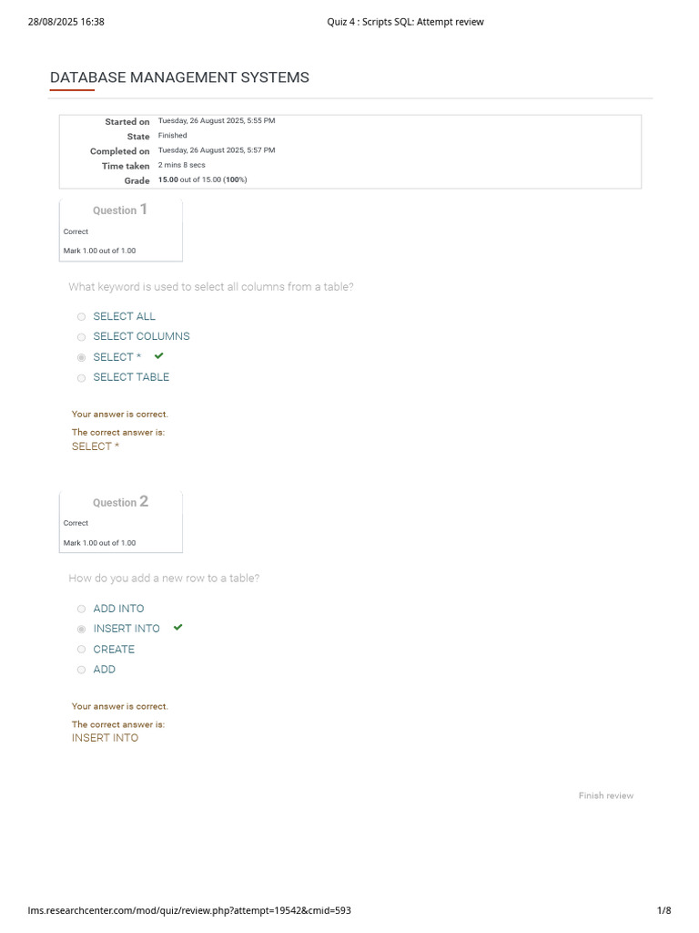 Quiz 4 - Scripts SQL - Attempt Review | PDF | Table (Database) | Computer Data