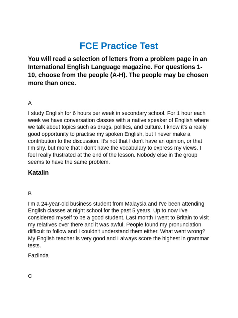 FCE Practice Testreading | PDF | English Language | Linguistics