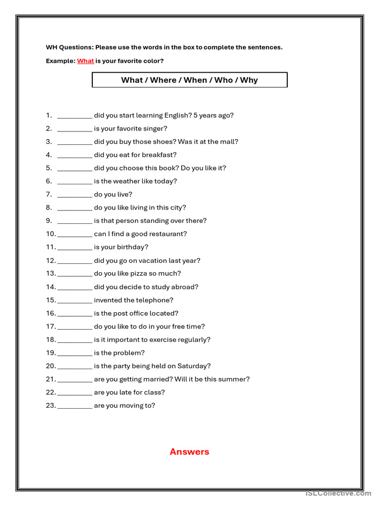 WH Questions Practice Exercises | PDF