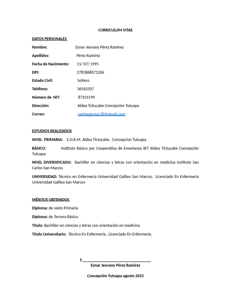 Curriculum Eynar Jeovany Pérez Ramírez 2025 | PDF