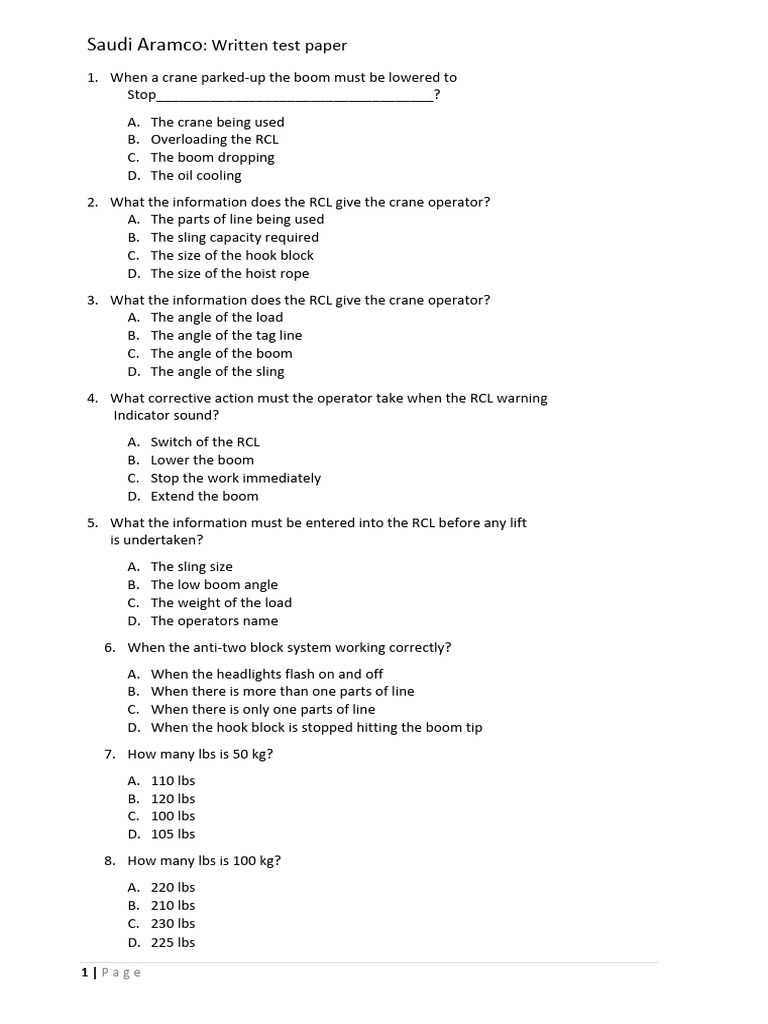 Aramco Crane Operator Test Paper | PDF | Crane (Machine) | Manufactured ...