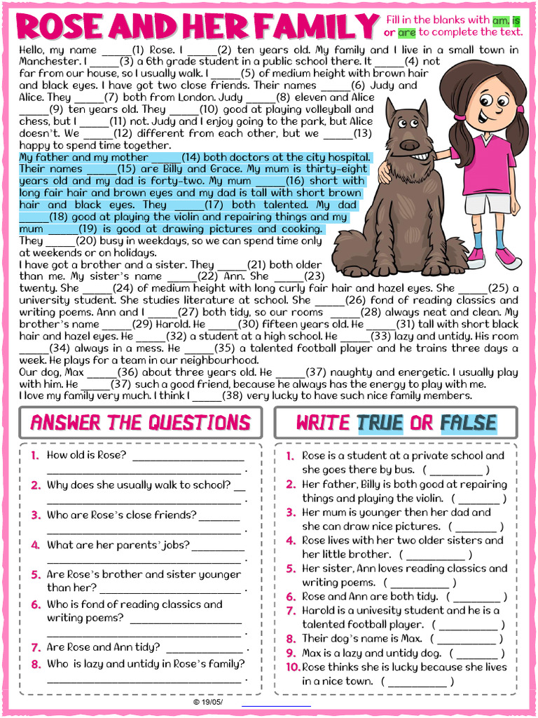 Am Is Are Rose and Her Family Esl Reading Comprehension Worksheet | PDF ...