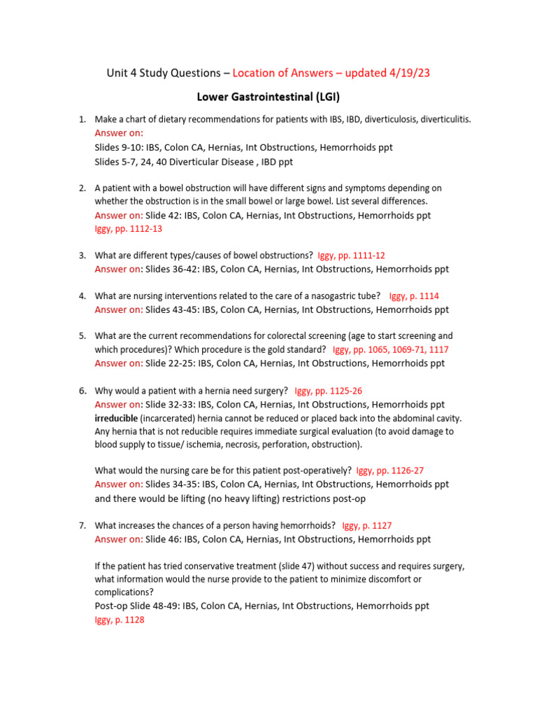 Unit 4 Study Questions Lower GI, Liver, Chronic Neuro - SP 22 Answers ...