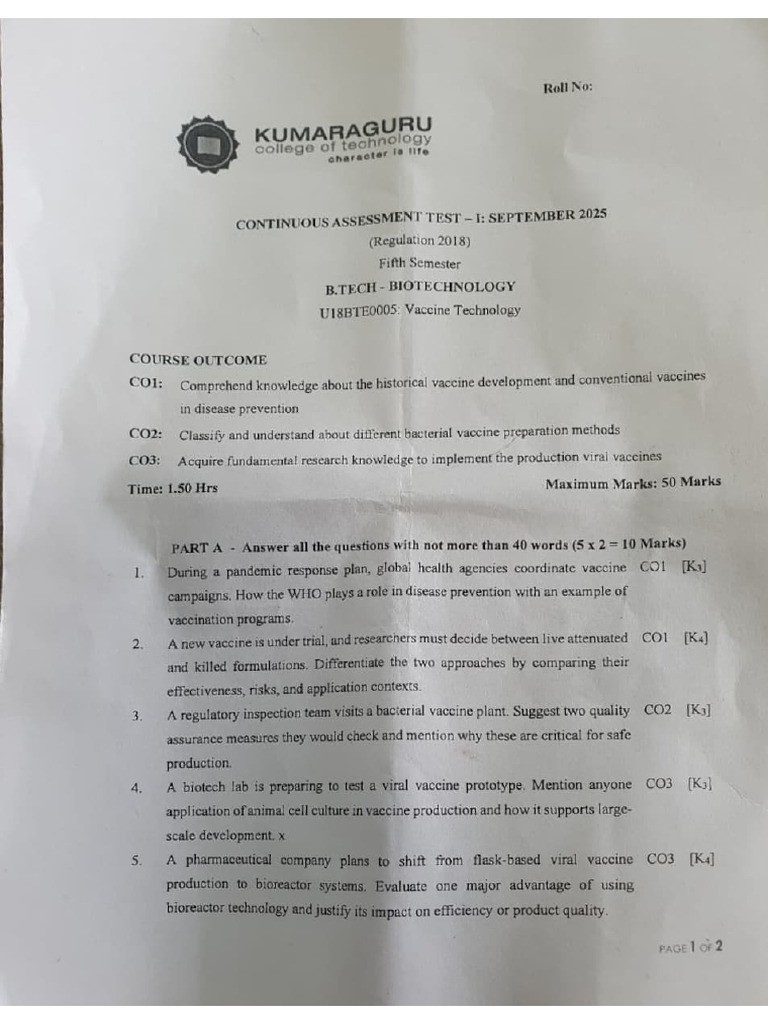 Vaccine (CAT-1) QP (2027 Batch) | PDF