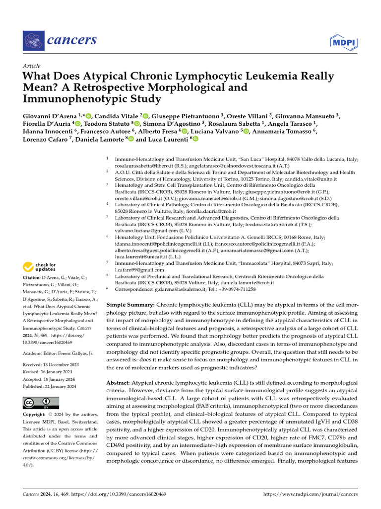 Atypical CLL: Morphology vs. Prognosis | PDF | B Cell | T Cell