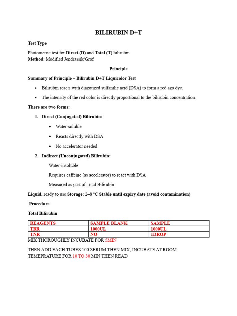 Bilirubin D+T Photometric Test Guide | PDF