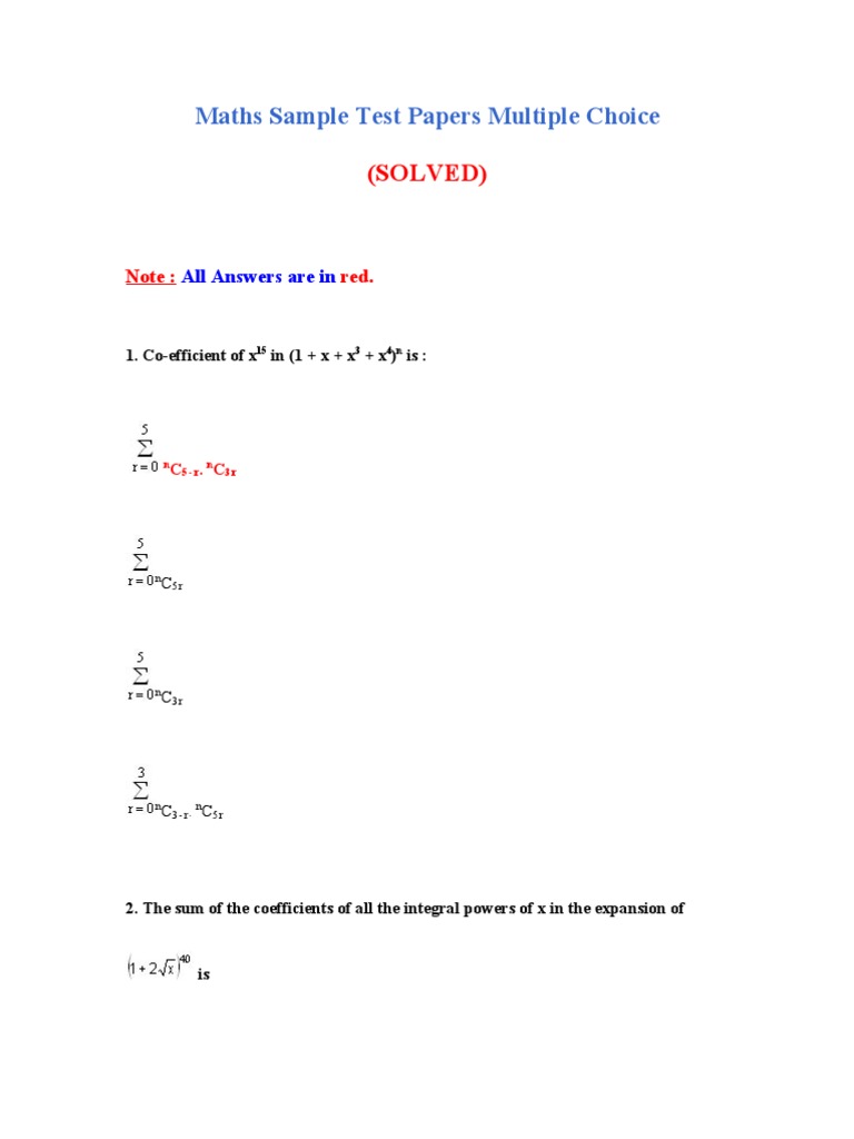 Maths Sample Test Papers Multiple Choice3 | PDF