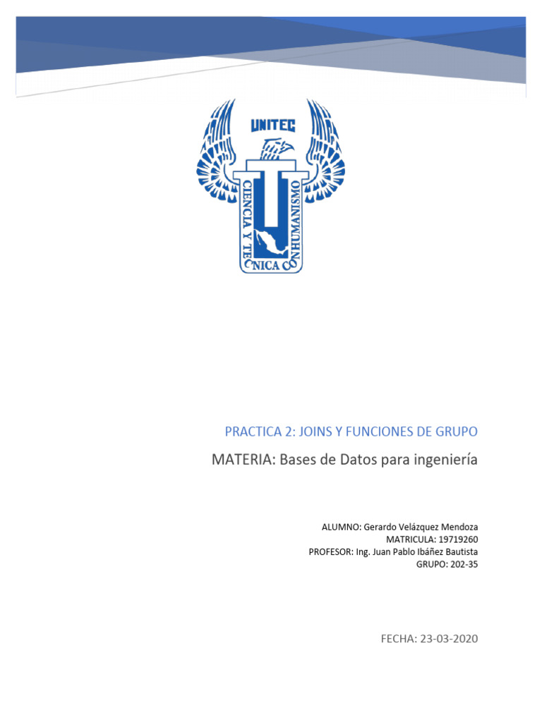 Practica 2 - Consultas SQL Joins y Funciones de Grupo - Gerardo Velazquez Mendoza | PDF