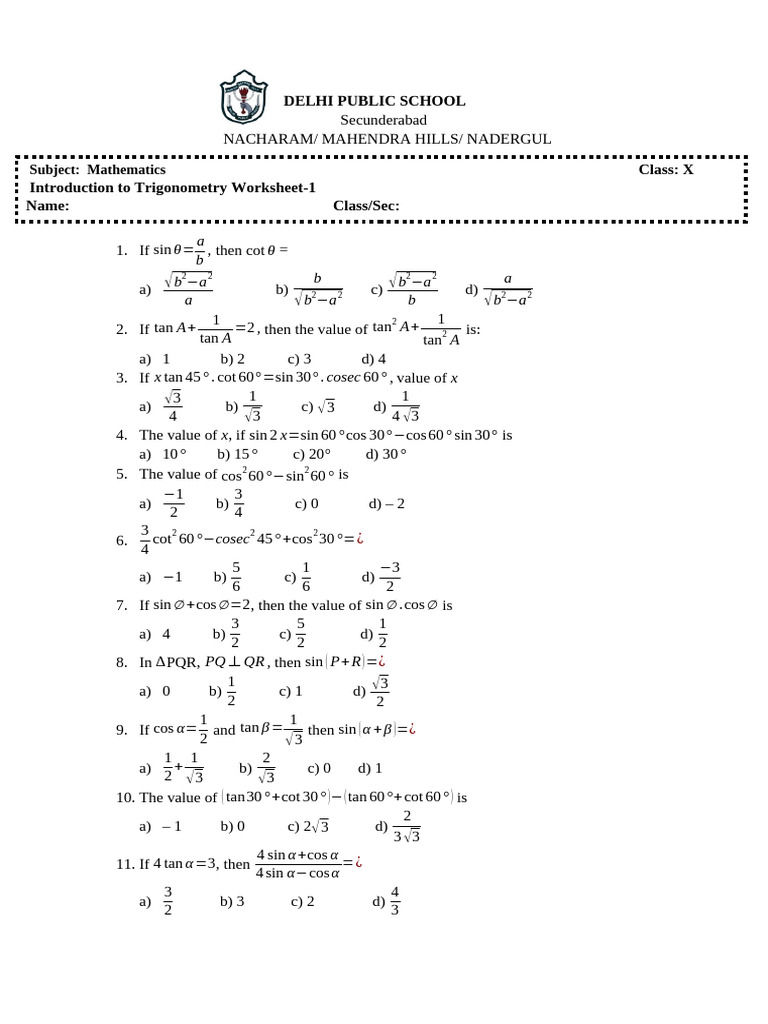 Introduction To Trigonometry Worksheets | PDF | Angle | Trigonometry