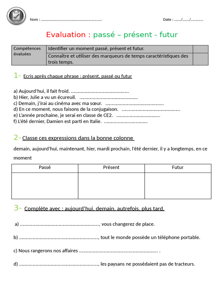 Évaluation Passé, Présent, Futur CE1/CE2 | PDF