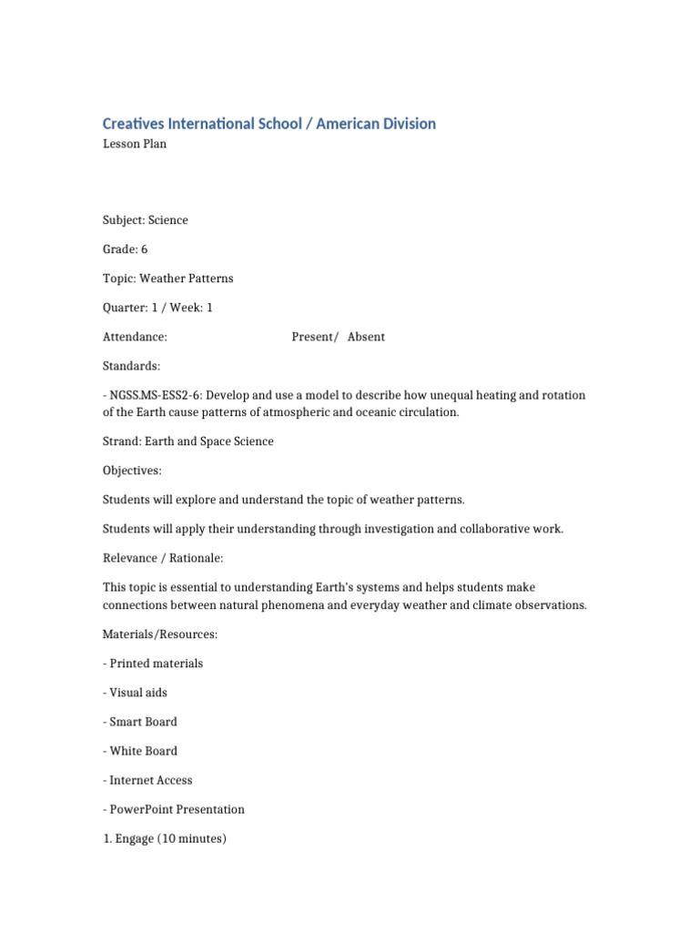 Grade6 Lesson 01 Weather Patterns | PDF