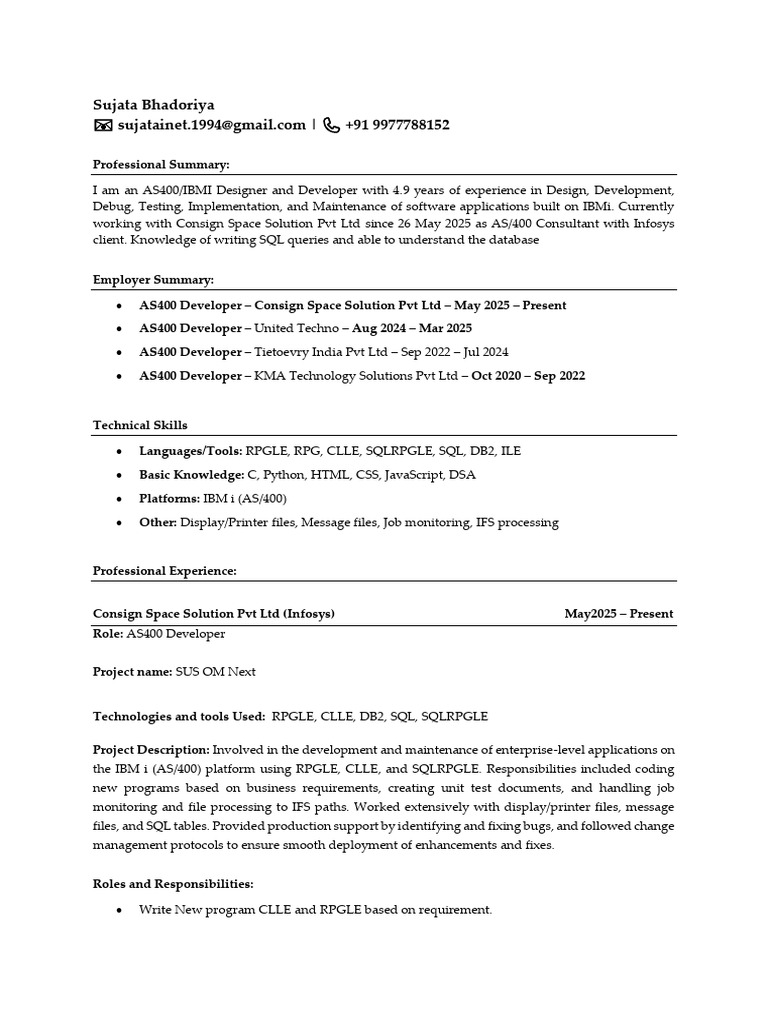AS400 Developer Resume - Sujata Bhadoriya | PDF | Ibm Rpg | Ibm Db2
